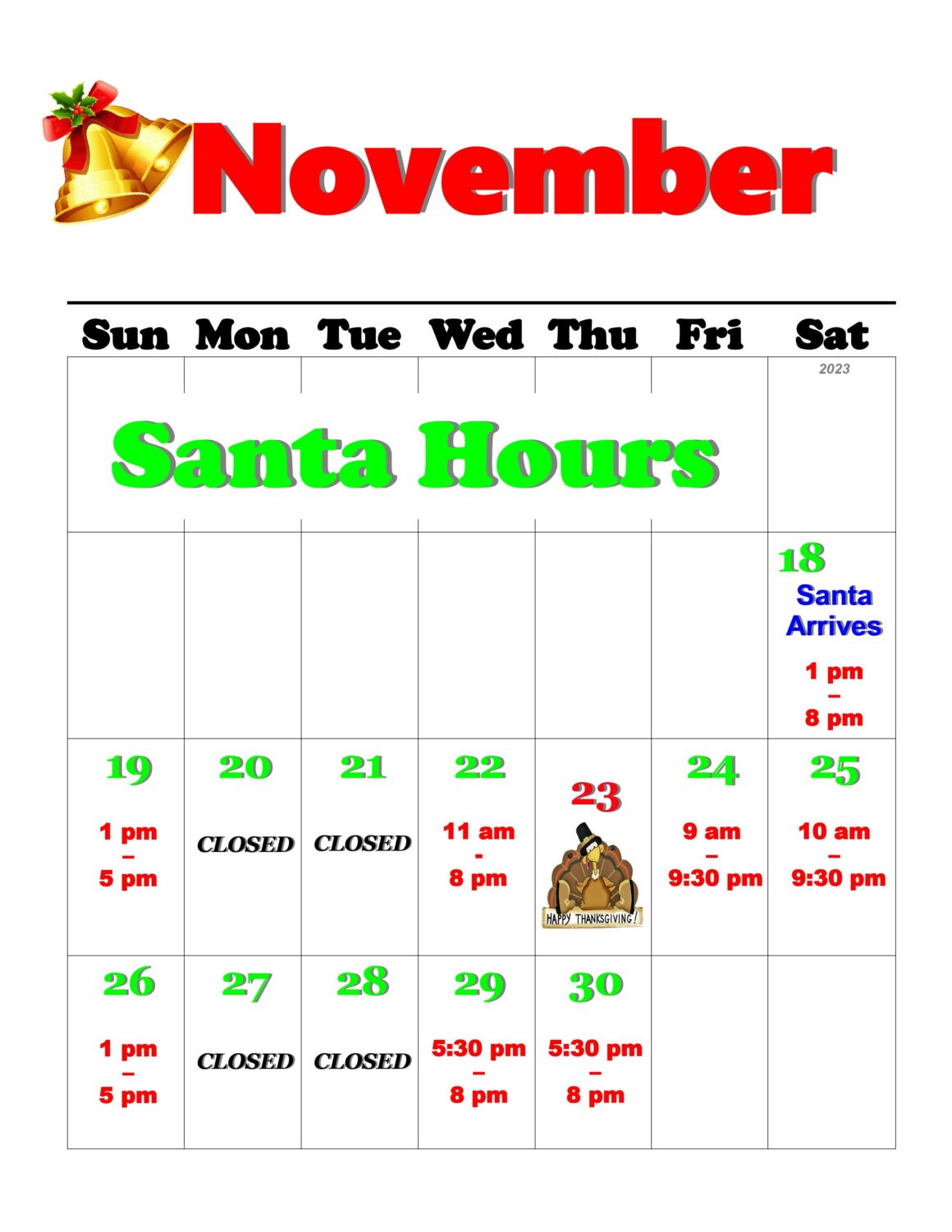 2023 Santa Hours - Biggs Park Mall